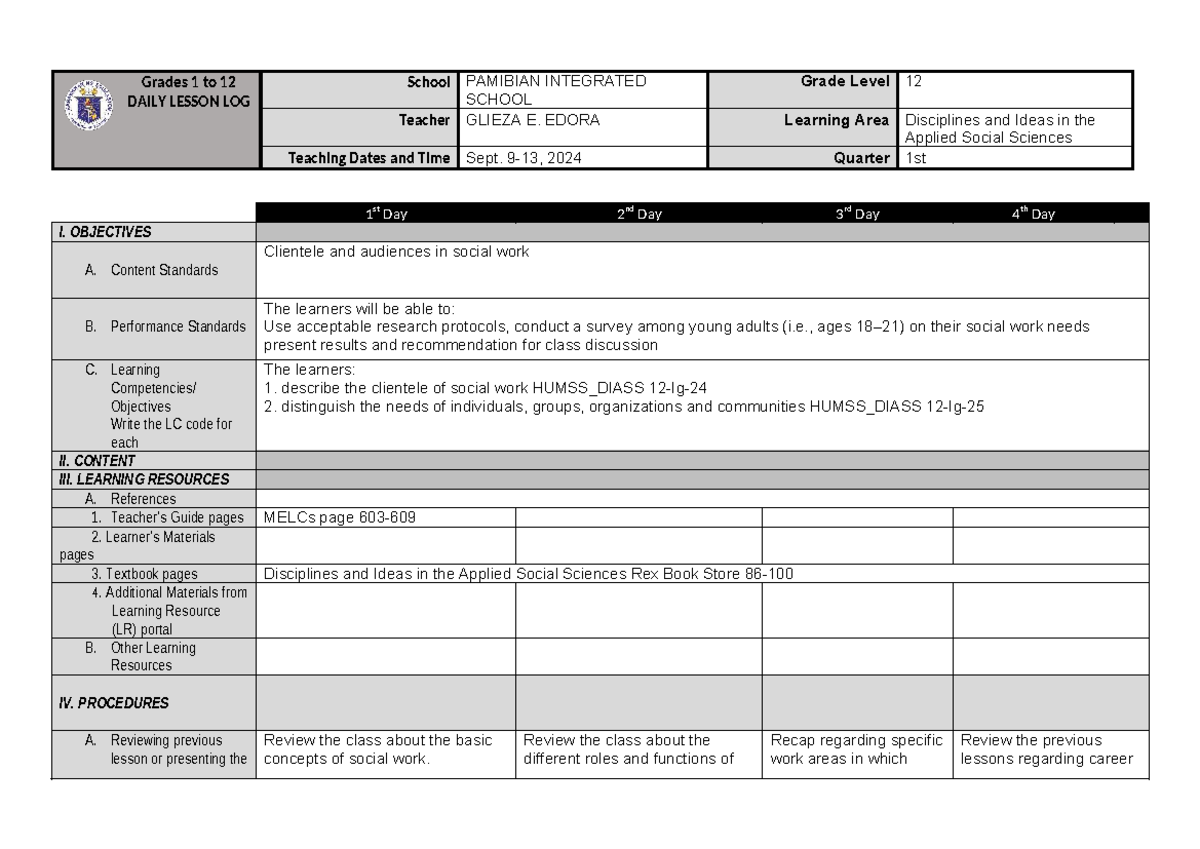 Diass Q1 WEEK 6 - Daily Lesson Log for Grade 12 Social Work - Studocu
