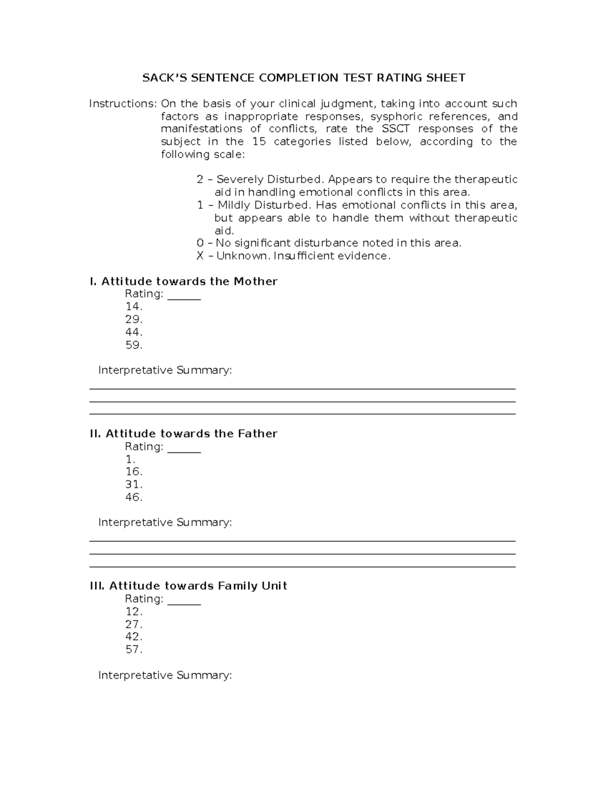 SSCT-Rating-Sheet - projective techniques - SACK’S SENTENCE COMPLETION ...