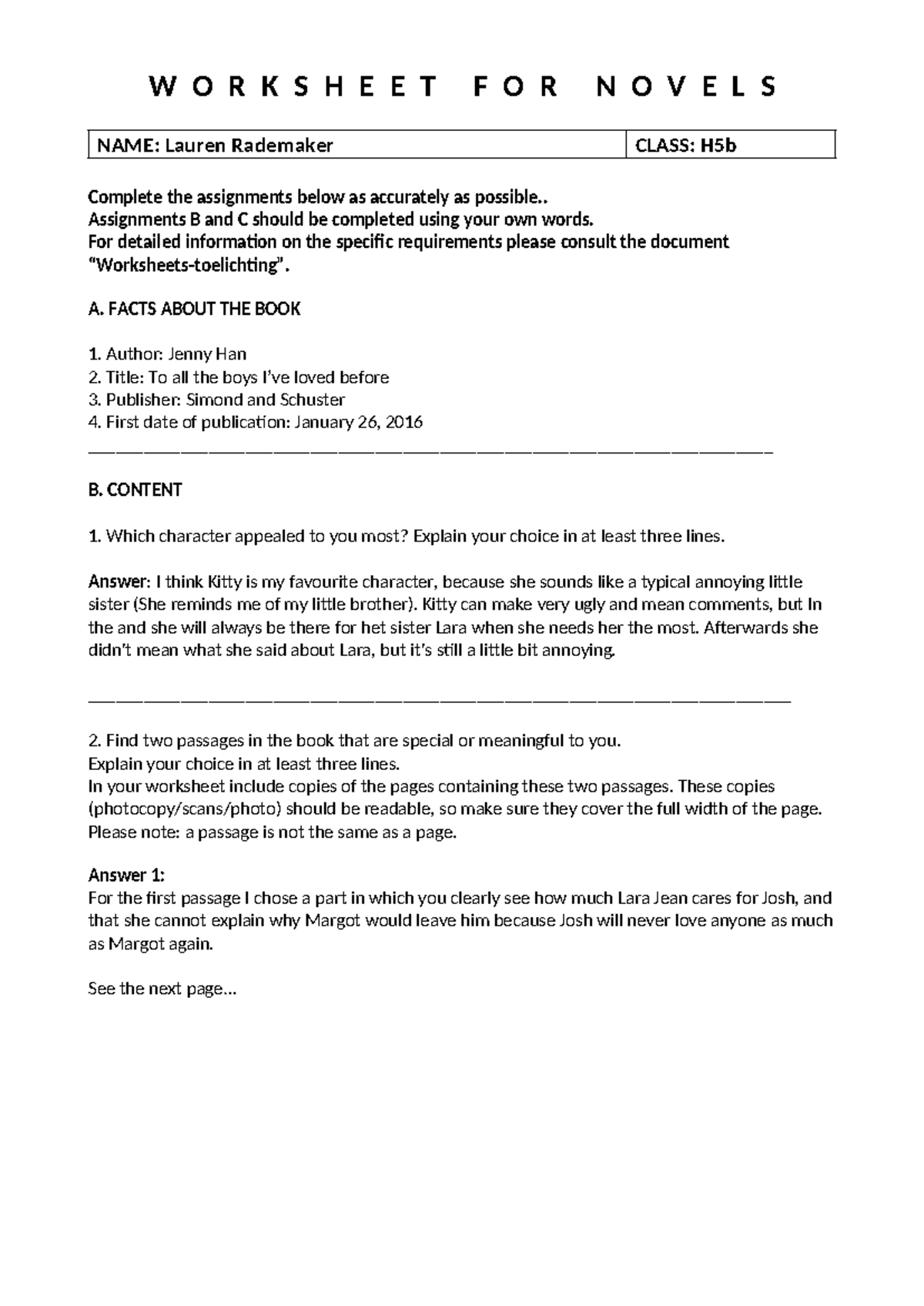 Worksheet for the Novel "To All the Boys I’ve Loved Before" (H5b ...