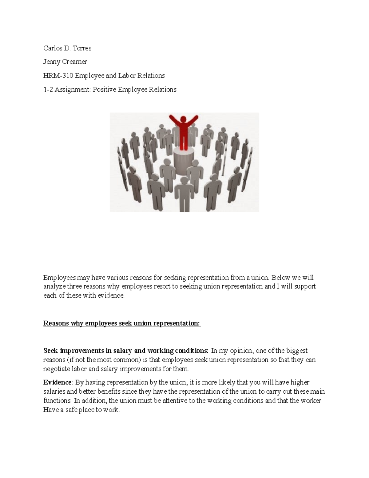 HRM-310 1-2 Assignment: Analyzing Positive Union Employee Relations ...