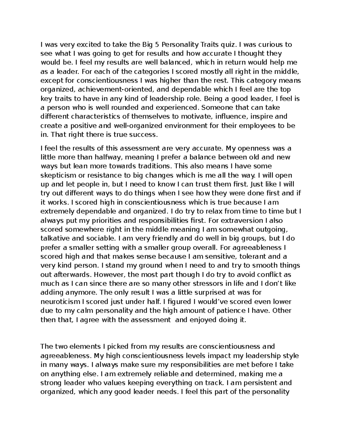 BUS Week 1 Journal - I was very excited to take the Big 5 Personality ...