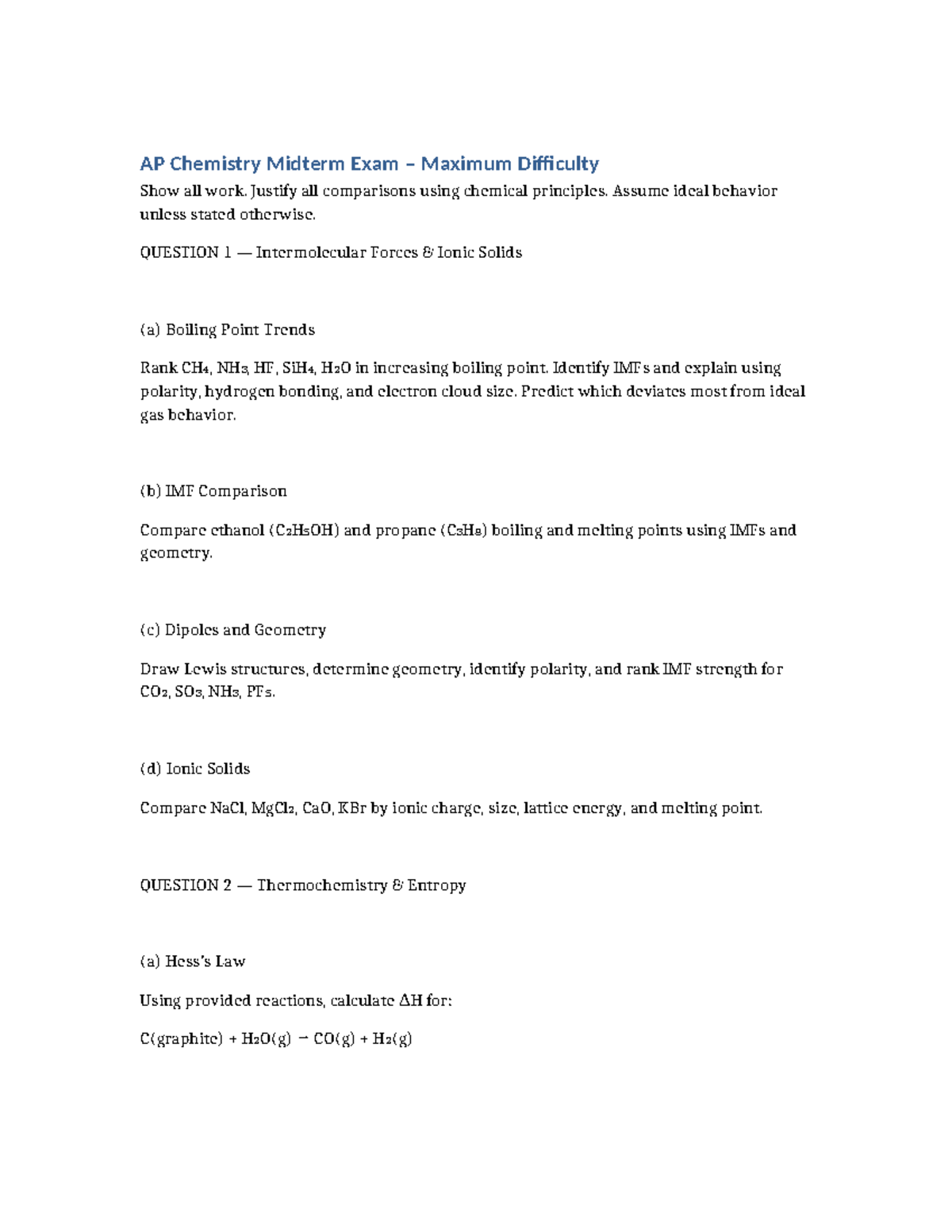 AP Chemistry Midterm Exam: Comprehensive Question Breakdown - Studocu