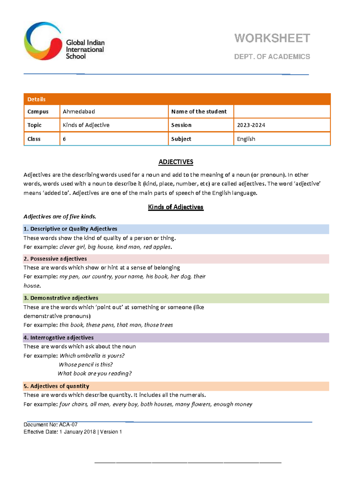 Class 6 English: Kinds of Adjectives Worksheet - Studocu