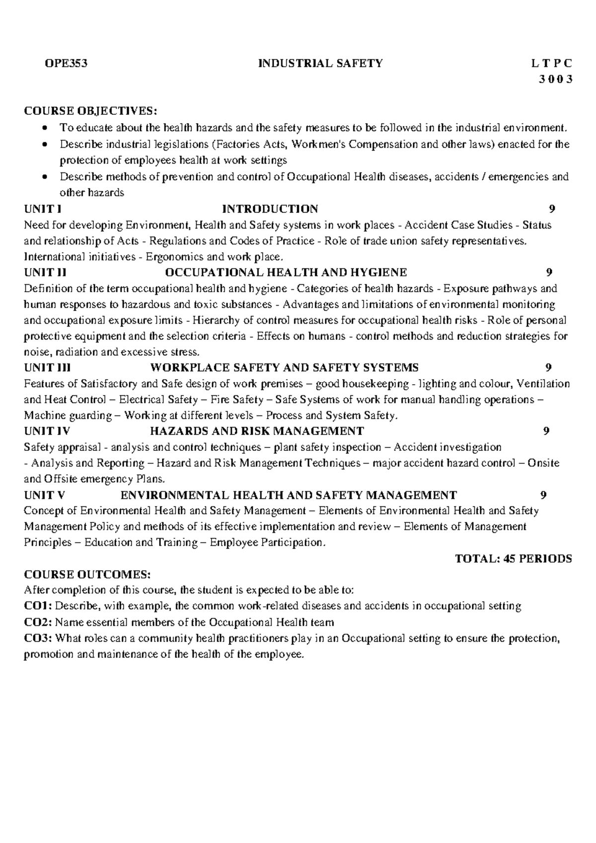 OPE353 - Industrial Safety Syllabus and Course Objectives - Studocu