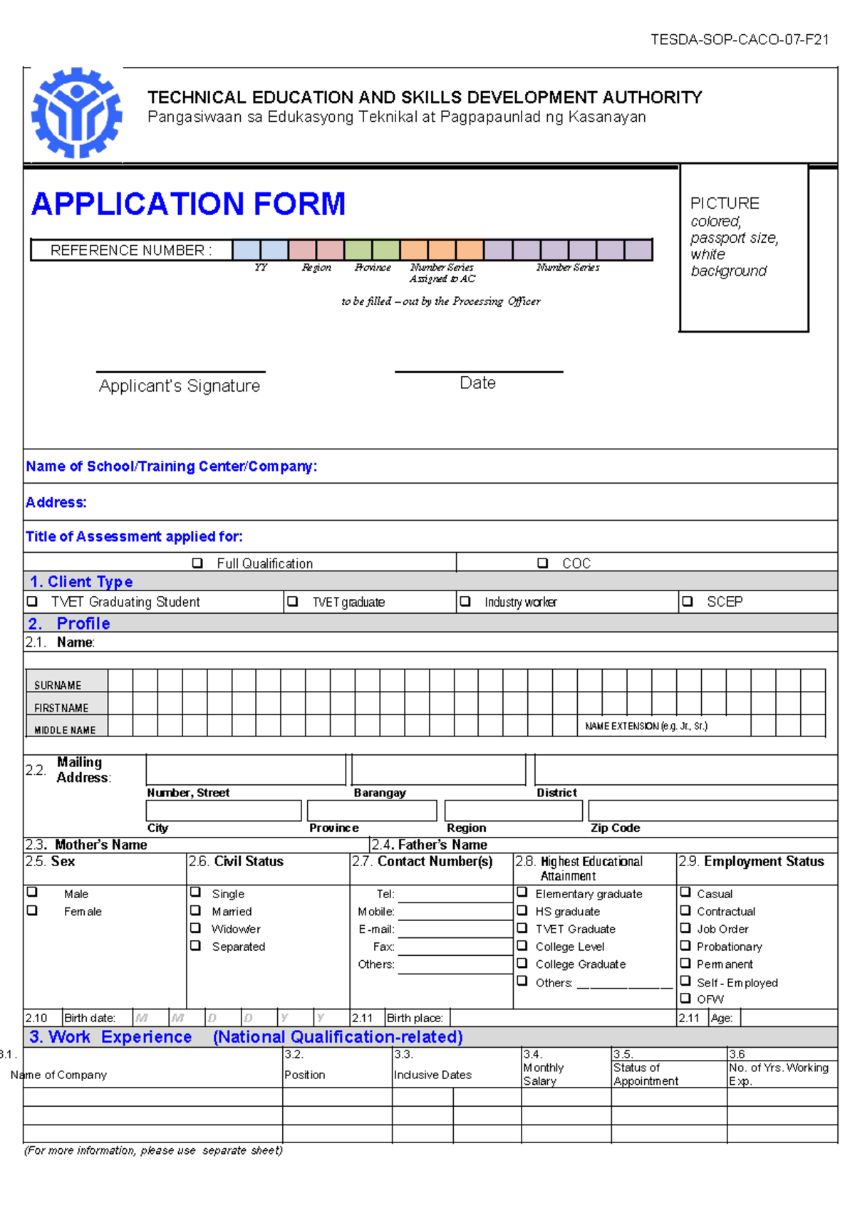 TESDA Application Form - Revised (SOP-CACO-07-F) - Studocu