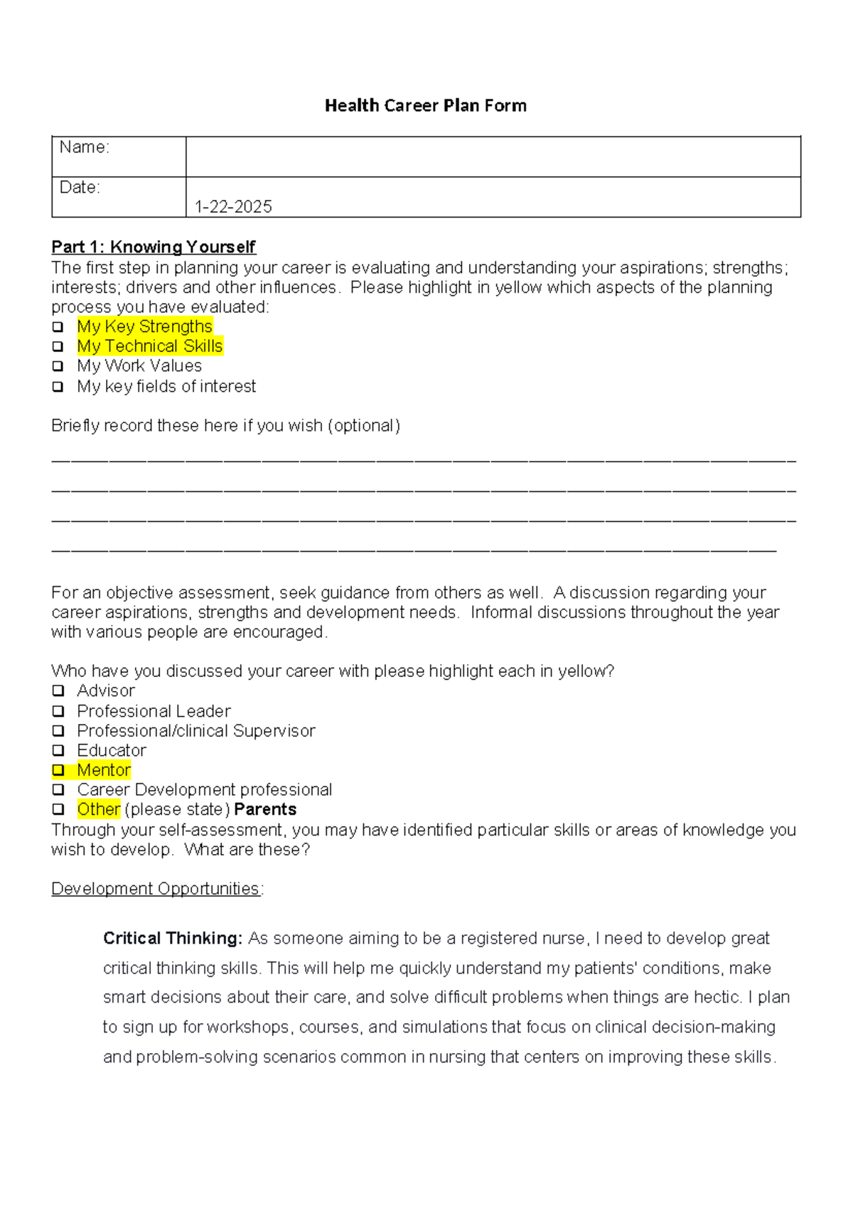 A-Grade Editable Module 5 Health Career Plan Form for Nursing Aspirants ...