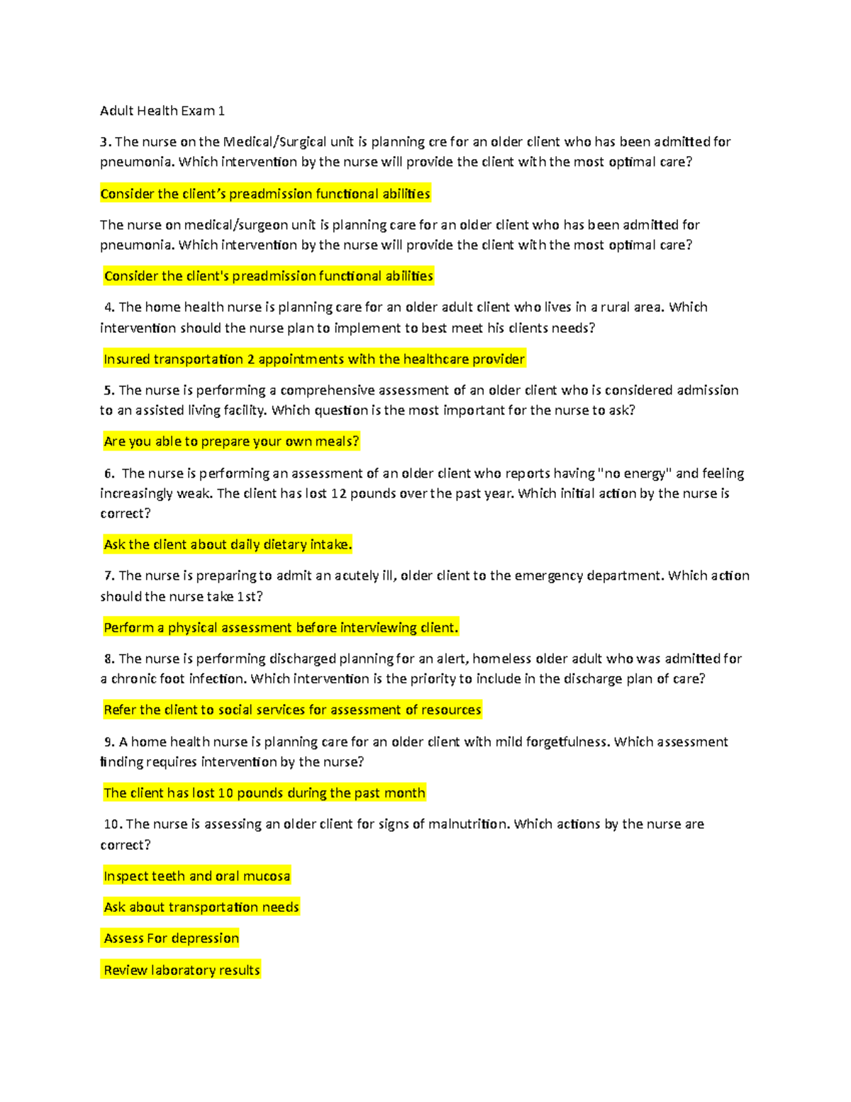 Adult Health Exam 1: Key Nursing Interventions and Assessments - Studocu