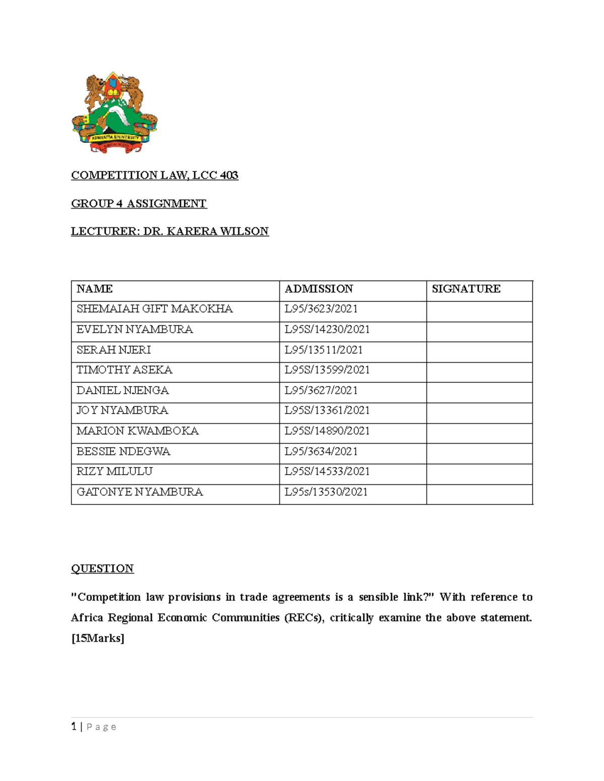 Competition Law Analysis: LCC 403 Group 4 Assignment - Studocu