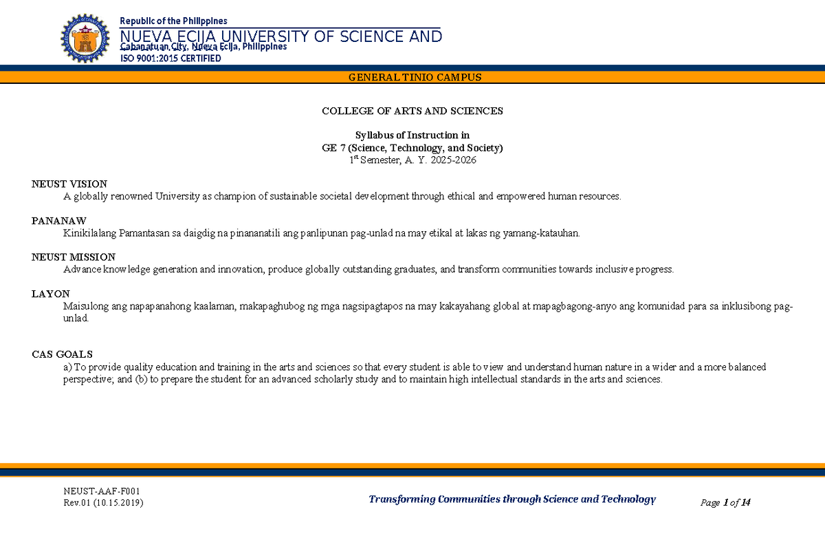 OBE GE7 STS Syllabus - 1st Semester Overview and Objectives - Studocu