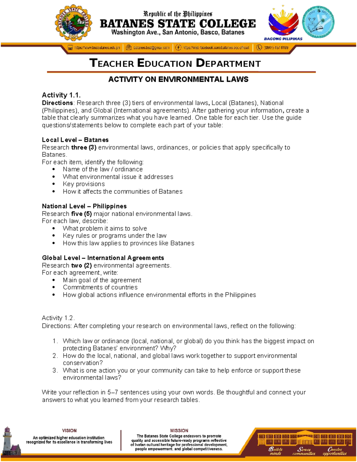 TEACHER EDUCATION DEPT: Activity on Environmental Laws - Studocu