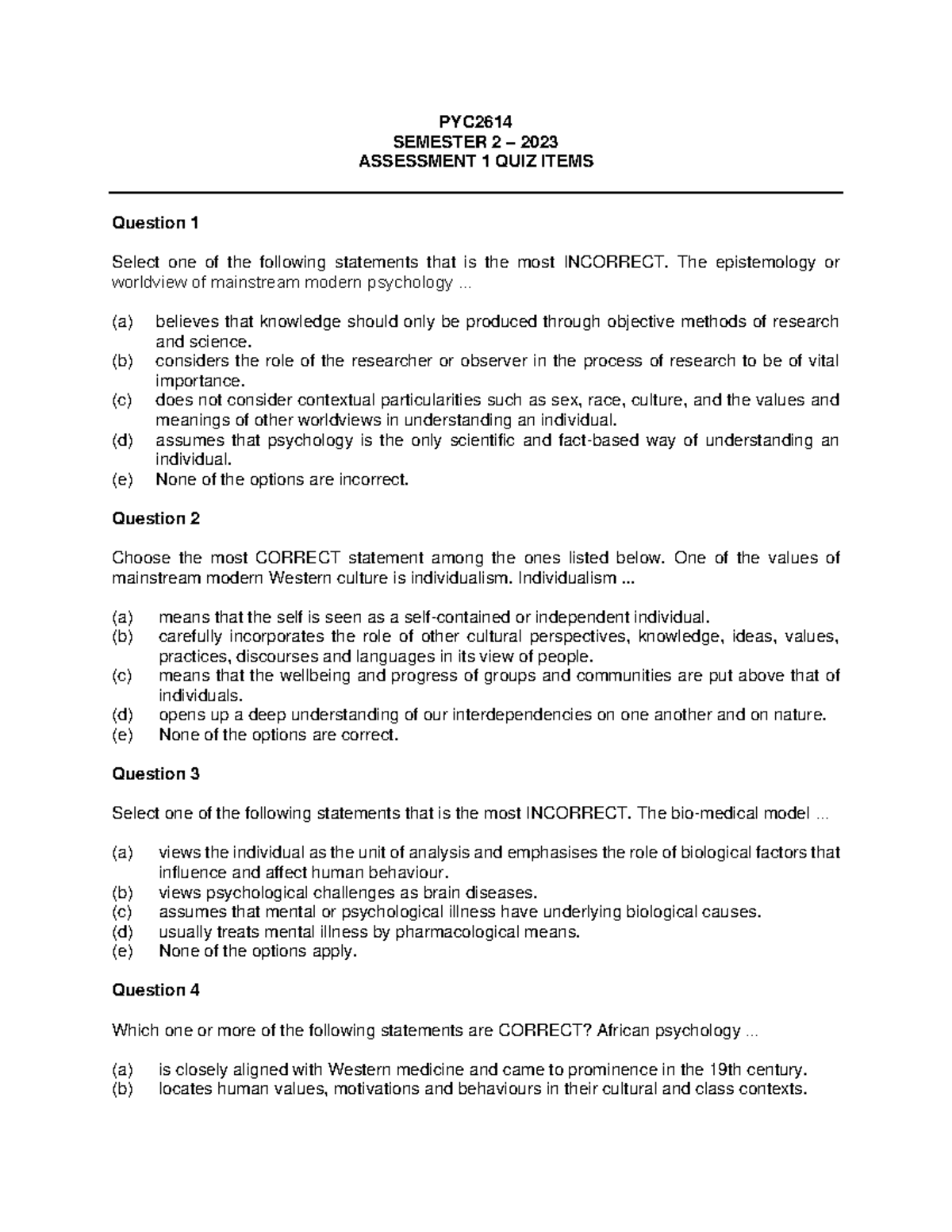PYC2614 Assessment 1 Quiz Questions Sem 2 2023 - Studocu