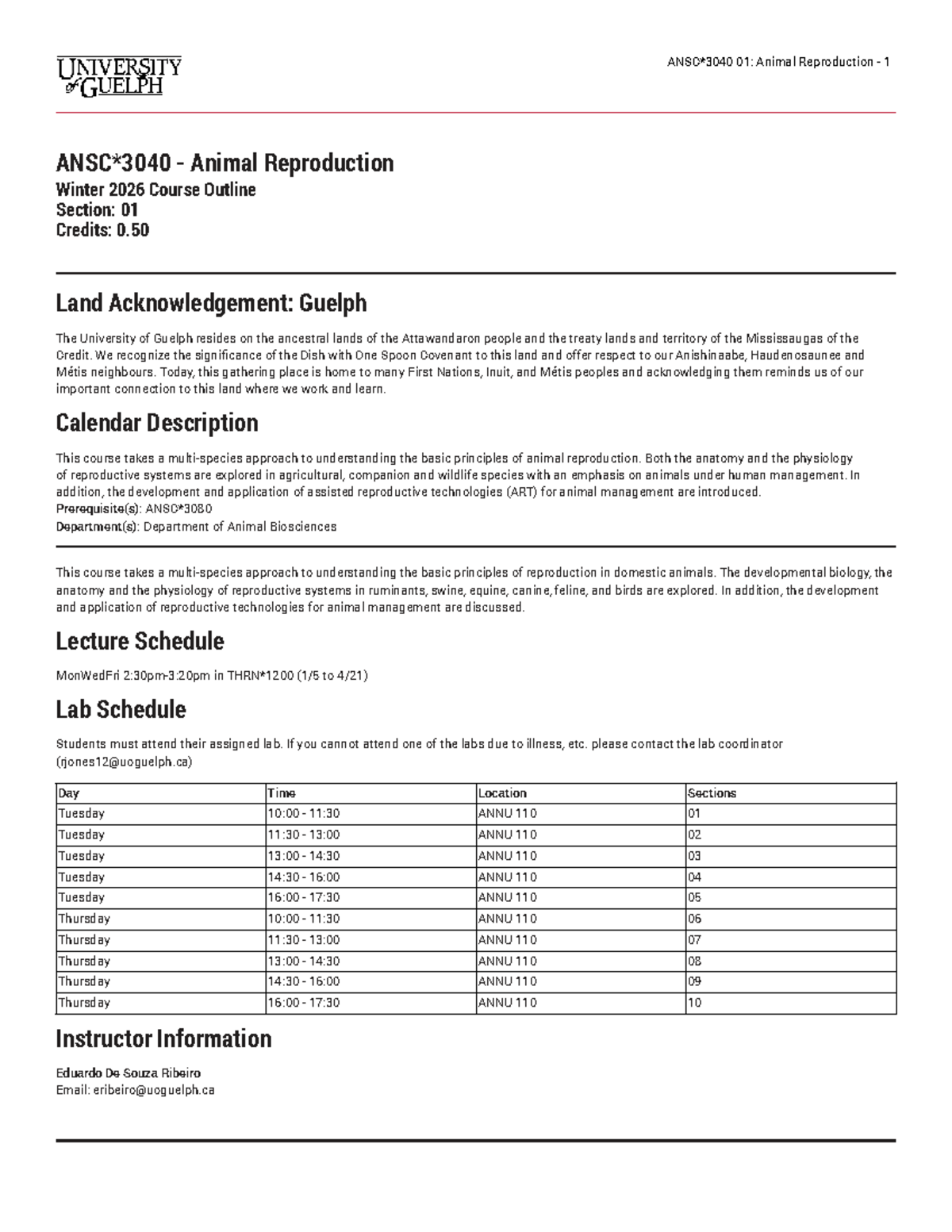 ANSC 3040: Animal Reproduction Winter 2026 Course Outline - Studocu