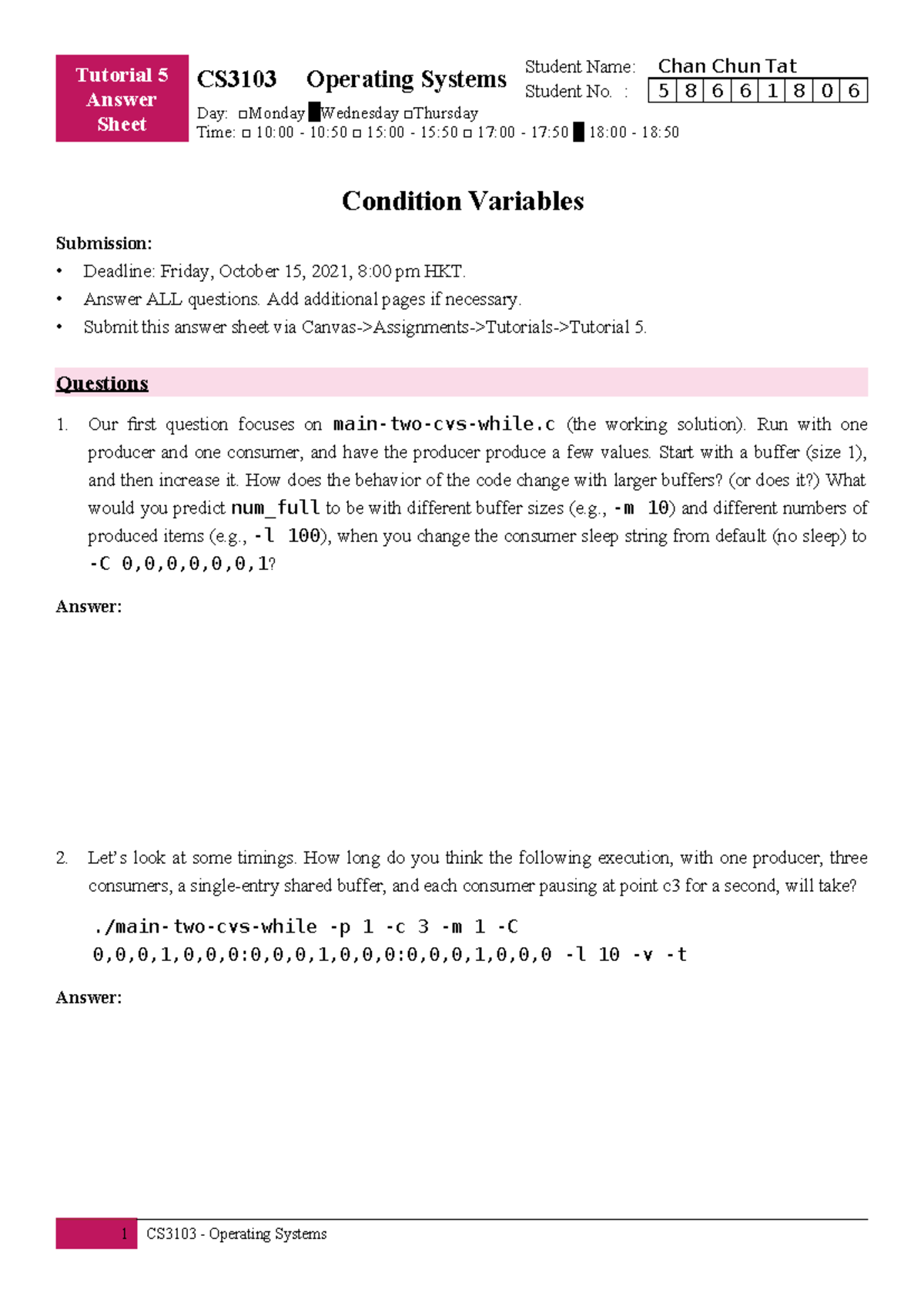 CS3103 Tutorial 5 answersheet - Tutorial 5 Answer Sheet CS3103 ...