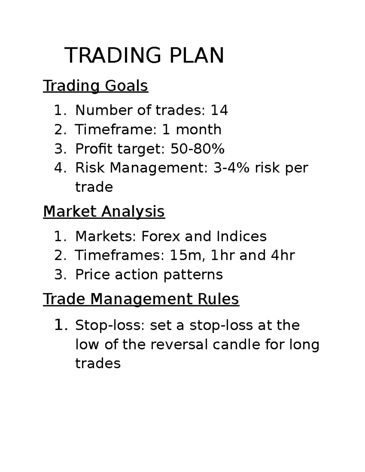 TRADING PLAN: Goals, Analysis & Management Strategies - Studocu