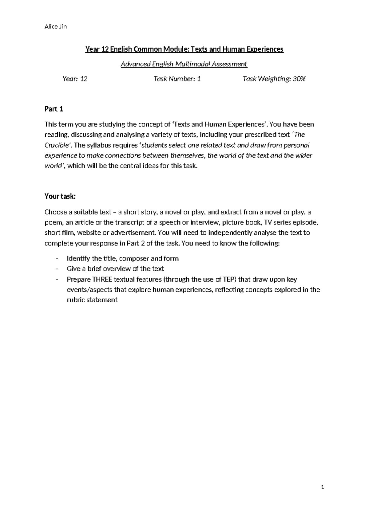 Year 12 English Common Module: Texts & Human Experiences Assessment ...