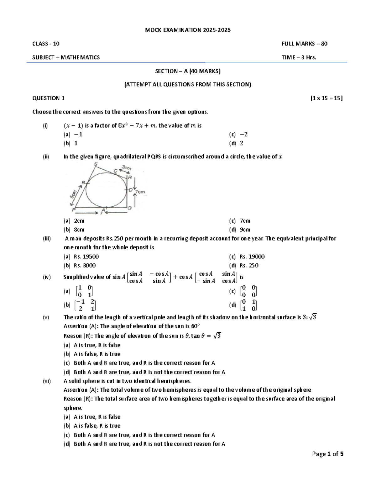 Mock Exam Class 10 - Mathematics Full Marks 80 - Studocu