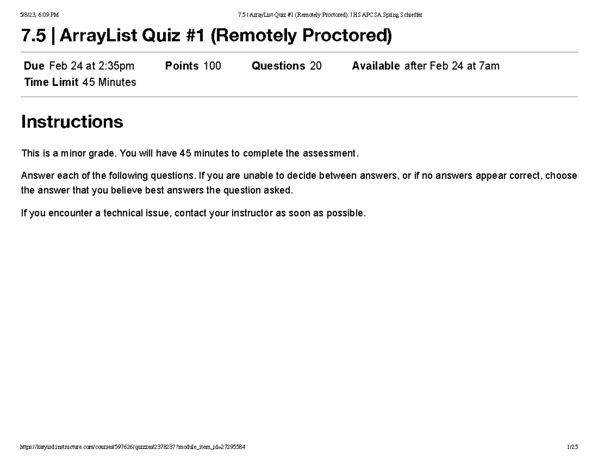 75 Array List Quiz 1 Remotely Proctored Jhs Apcsa Spring Schieffer 9239