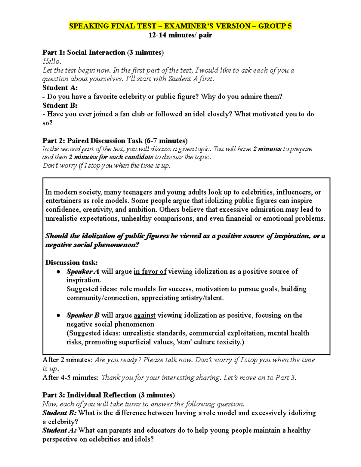 SPEAKING FINAL TEST - GROUP 5: Social Interaction & Discussion Tasks ...