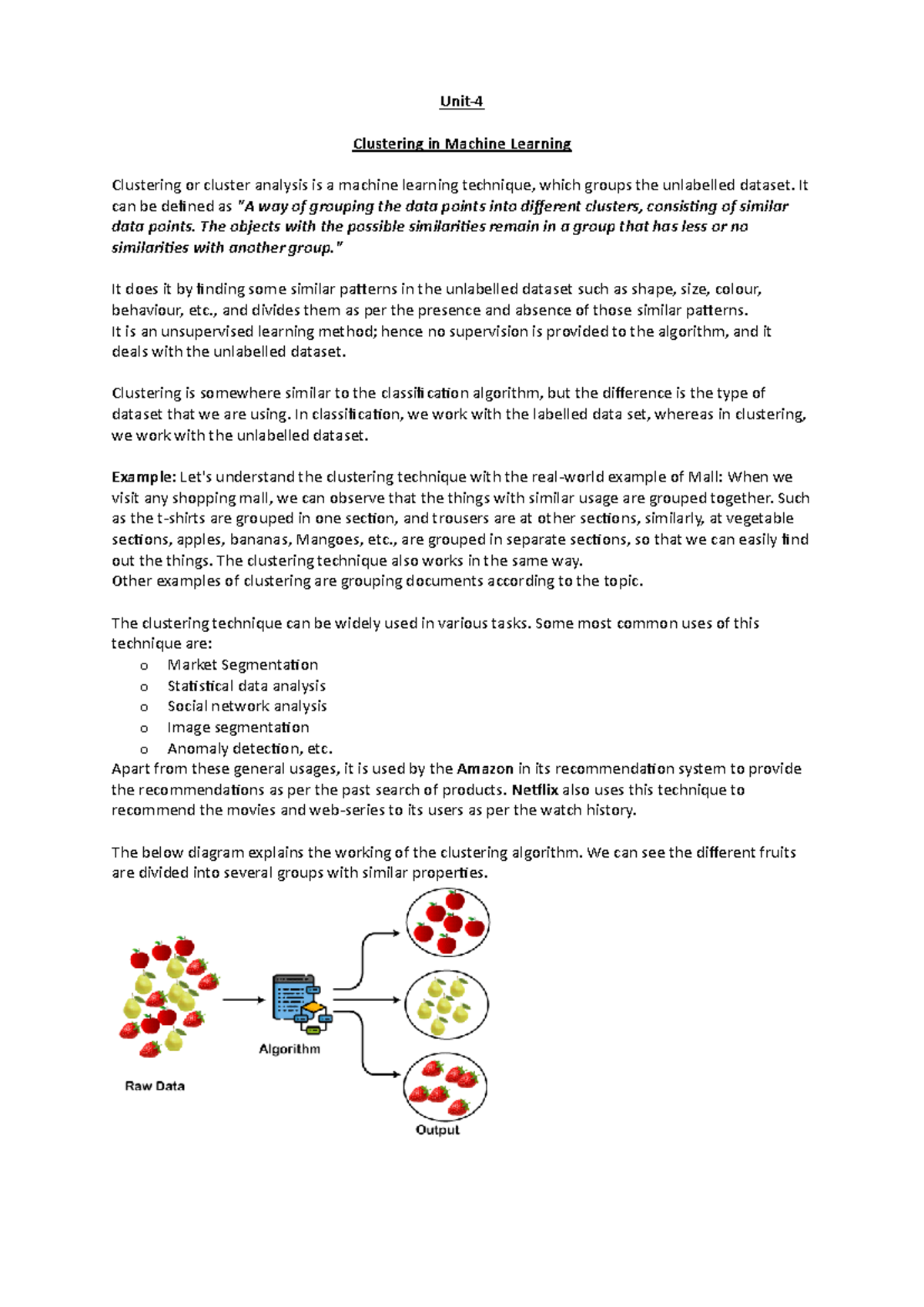 ML Unit 4 - Clustering Techniques in Machine Learning Notes - Studocu