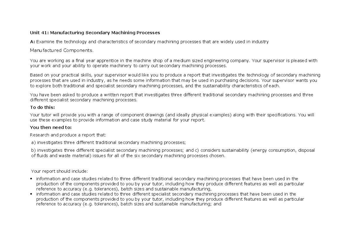 Unit 41 Case Study on Secondary Machining Processes & Sustainability ...