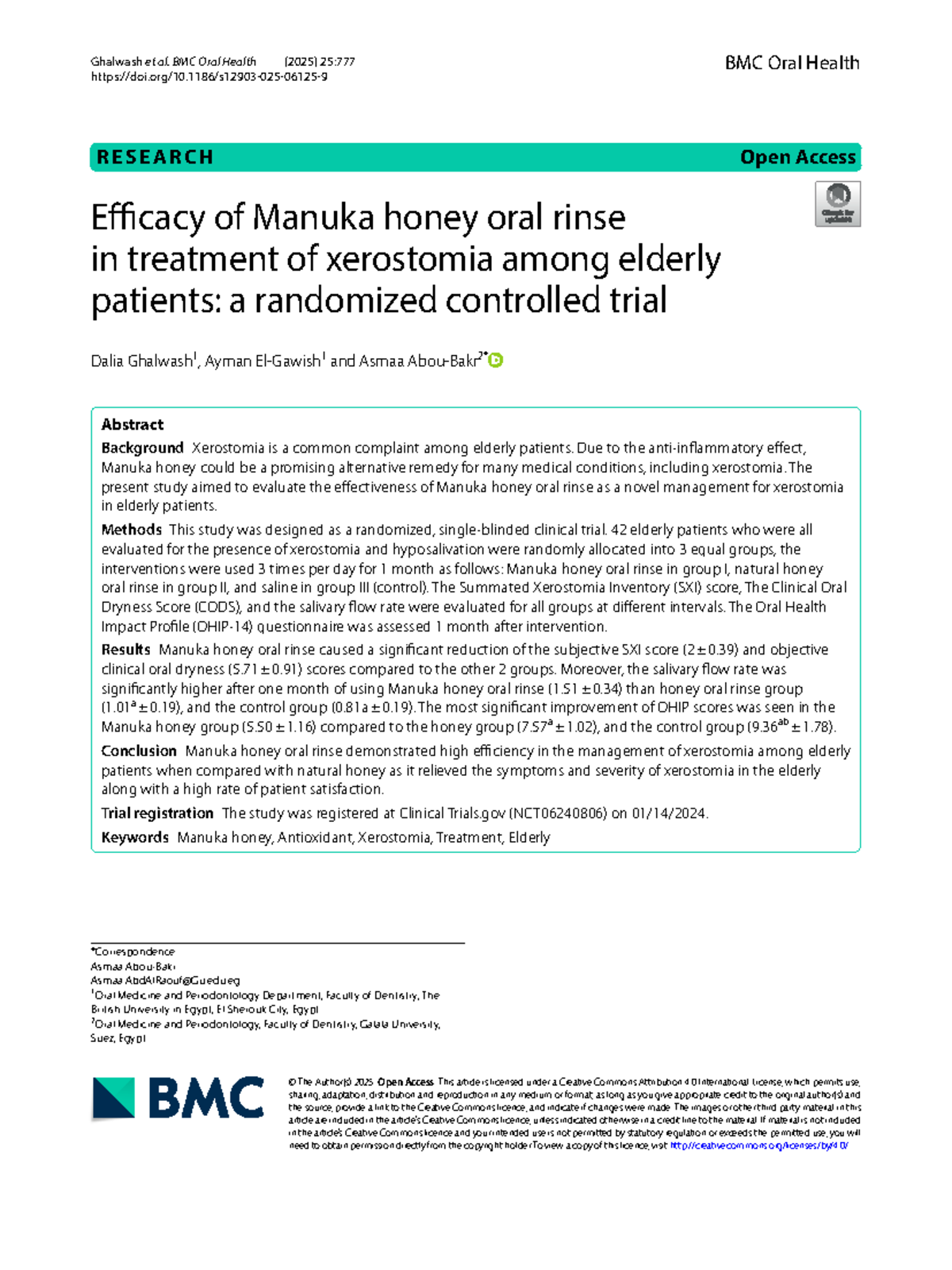 Efficacy of Manuka Honey Oral Rinse in Xerostomia Treatment: A RCT (BMC ...