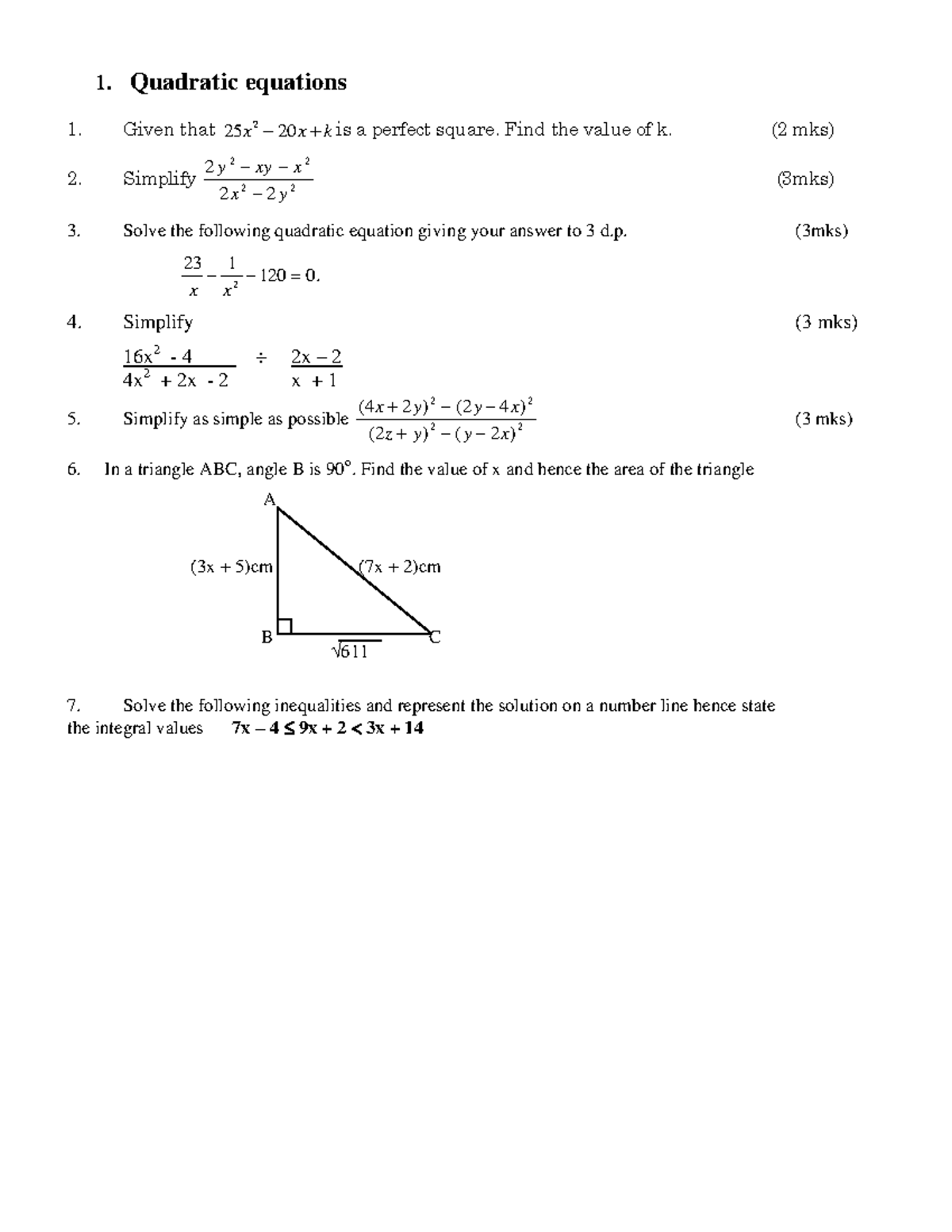 Quadratic Equations Quiz Q - Studocu