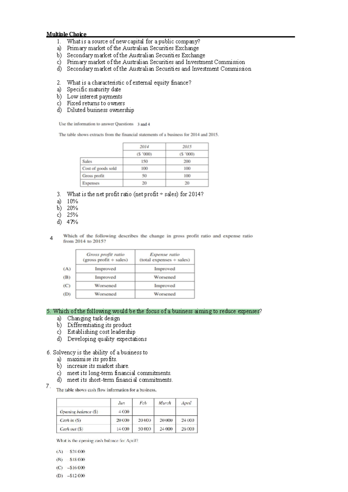 Finance Past Papers Booklet - 2024: Multiple Choice Questions and ...
