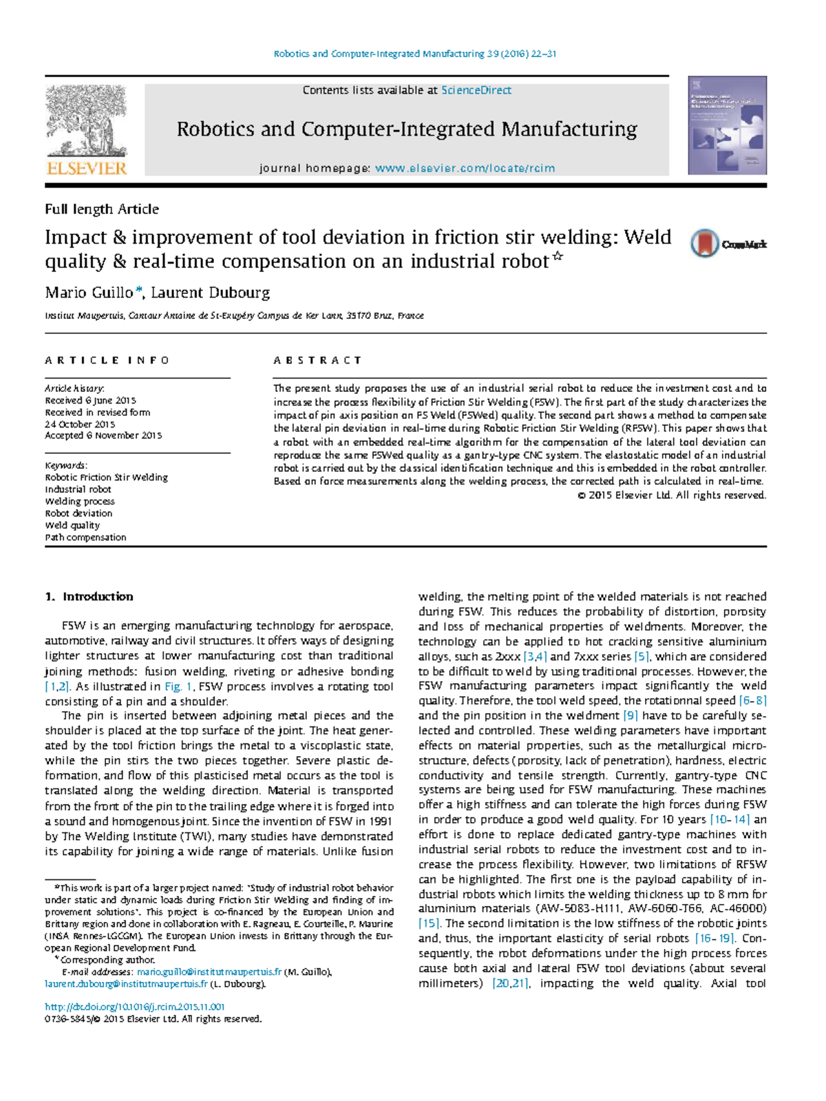 Impact of Tool Deviation on Weld Quality in RFSW: A Study (Robotics and ...