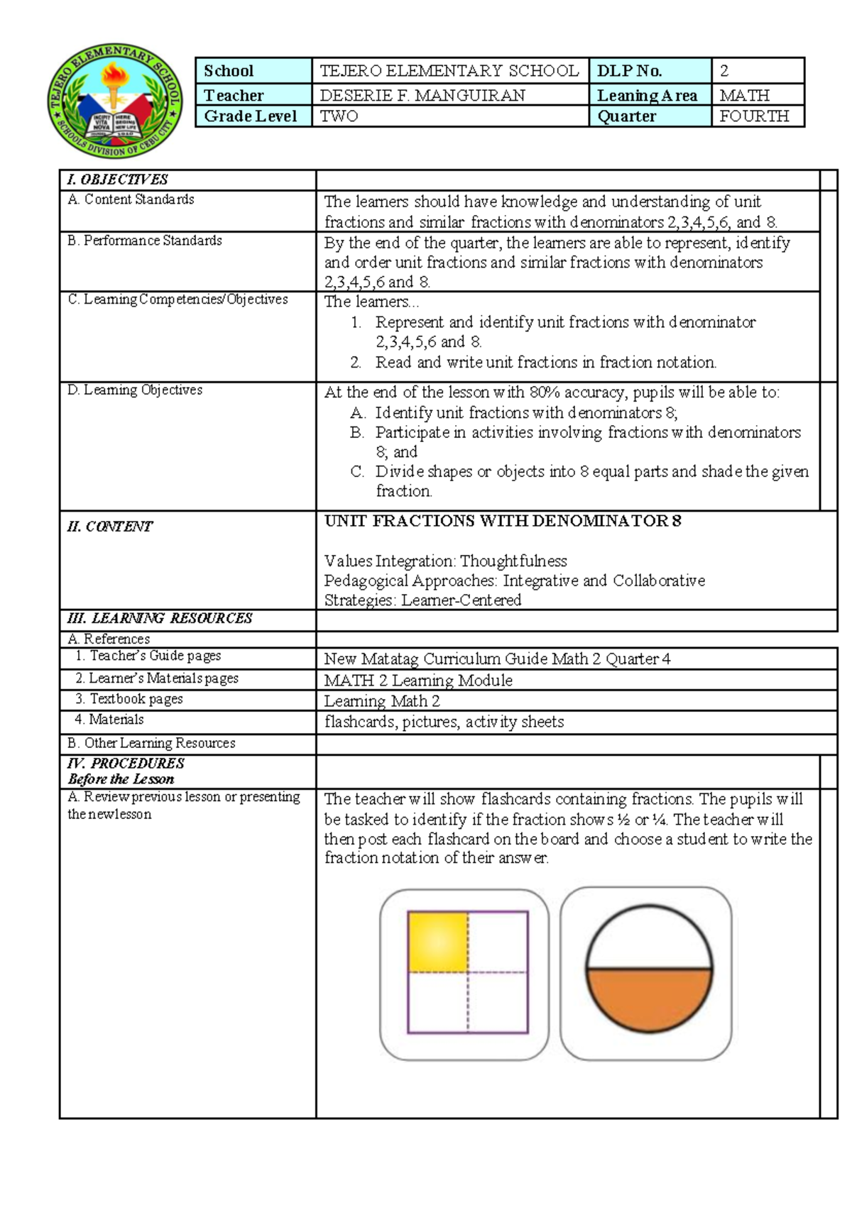 Class Exposure 2: Math LP on Unit Fractions (Denominator 8) - Studocu