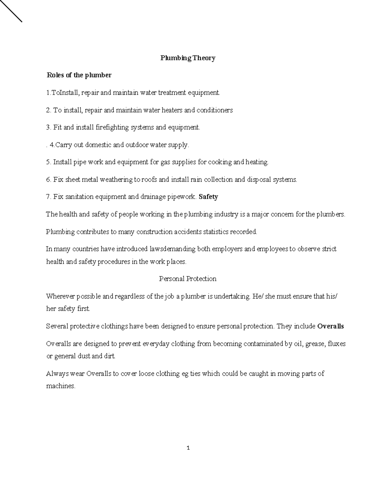 Plumbing Theory Notes Overview and Safety Guidelines - PTH101 - Studocu