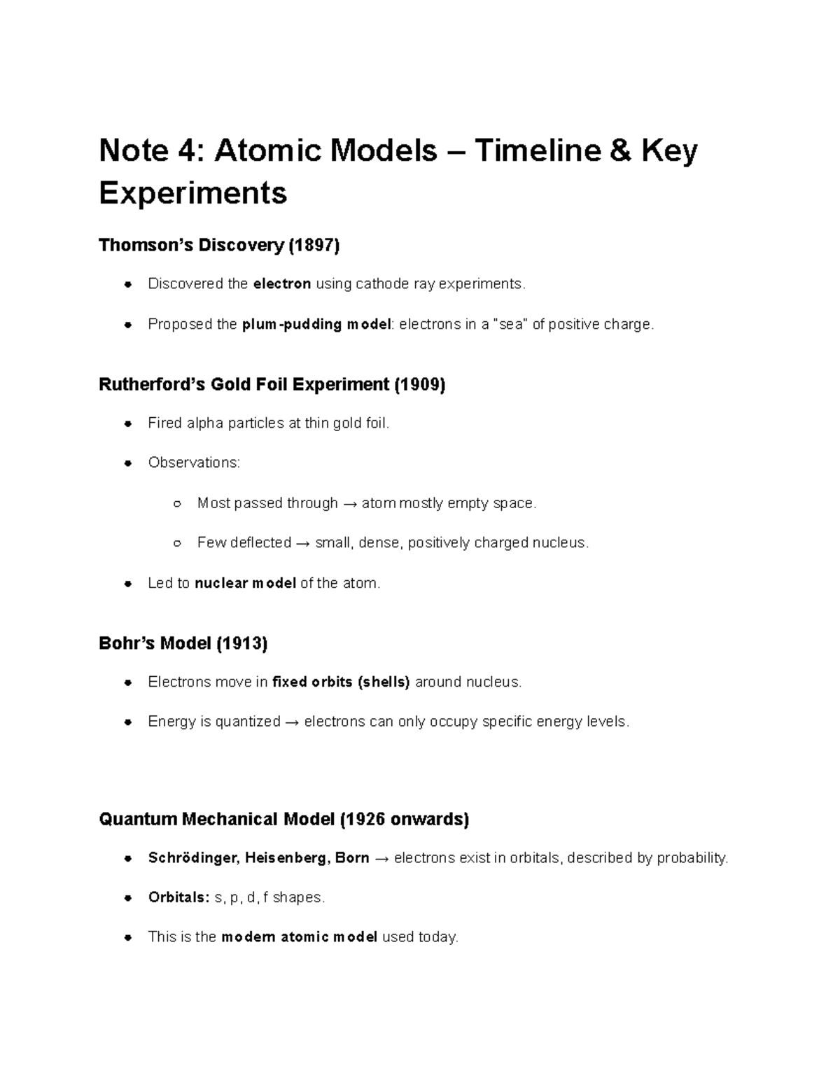 Note 4: Atomic Models Timeline & Key Experiments Summary - Studocu