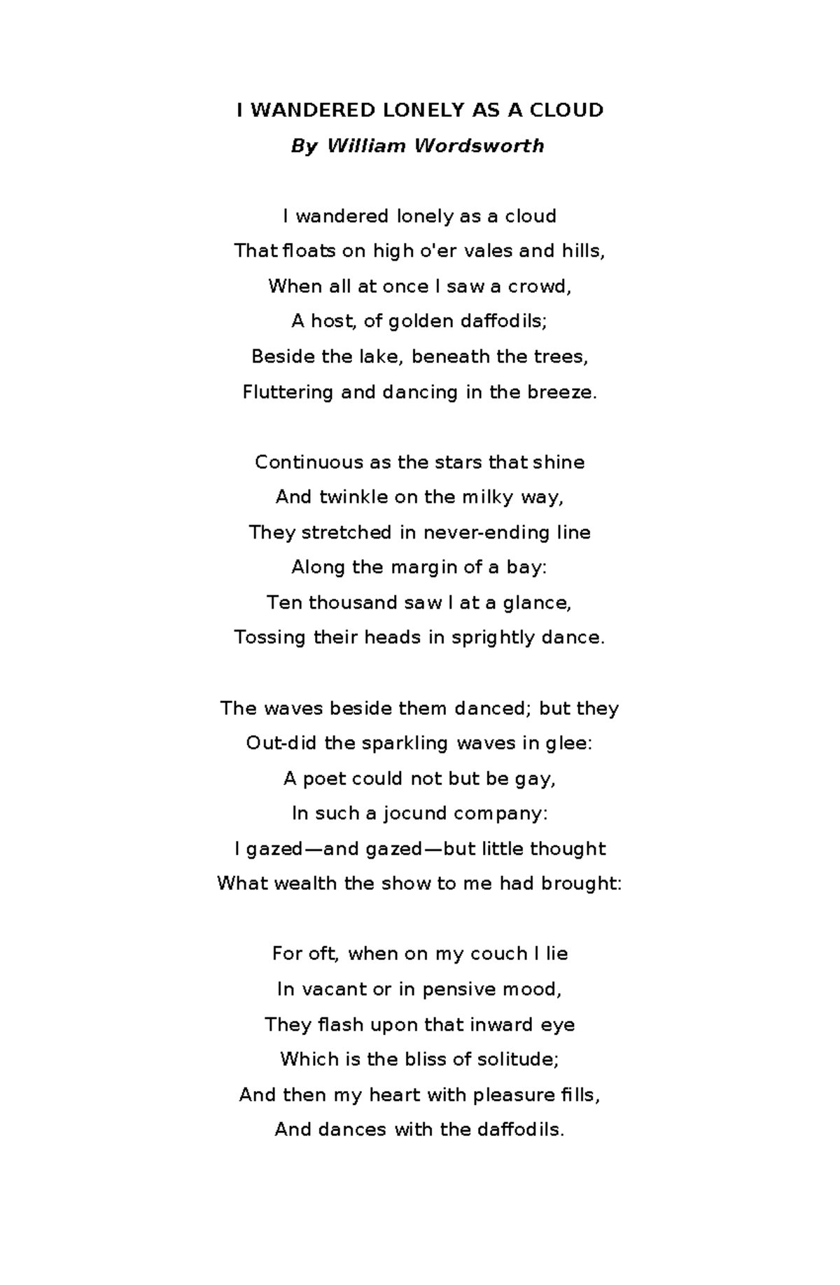 ENG 101: Lesson Planning for "I Wandered Lonely as a Cloud" - Studocu