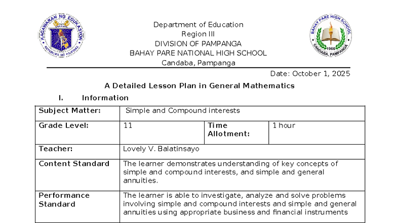 Daily Lesson Plan: Solving Simple & Compound Interest Problems (Grade 11) - Studocu