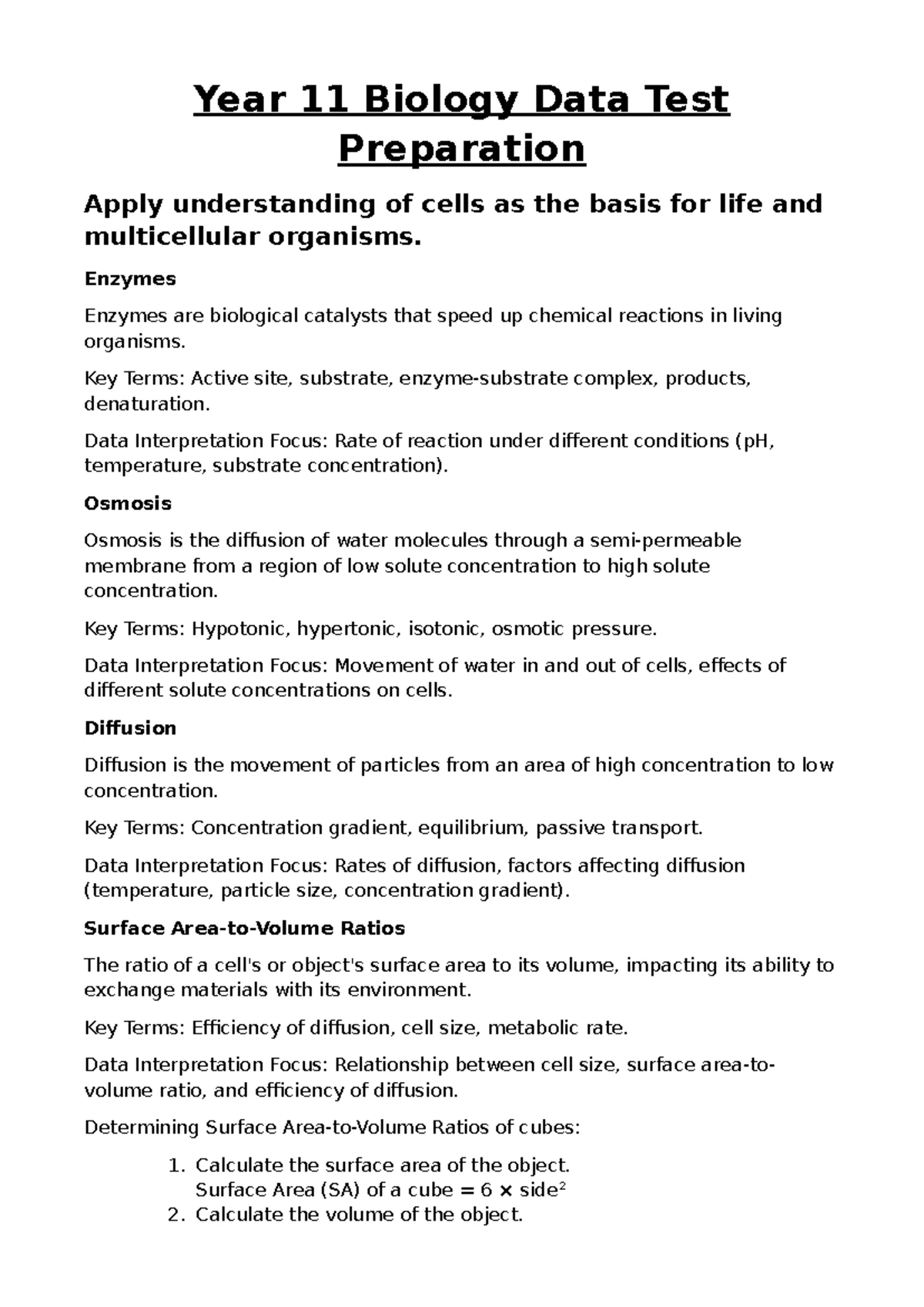 Year 11 Biology Data Test Prep: Enzymes, Osmosis & Diffusion Concepts ...