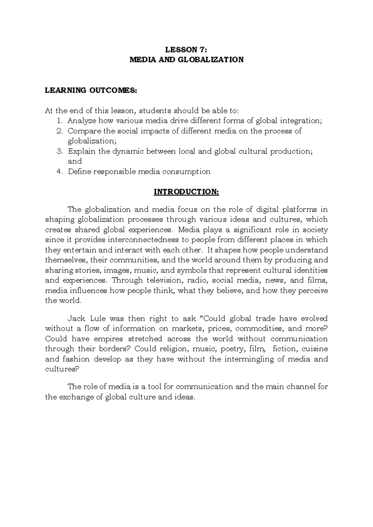Media and Globalization: Lesson 7 Handout - Acosta-Abanggan - Studocu