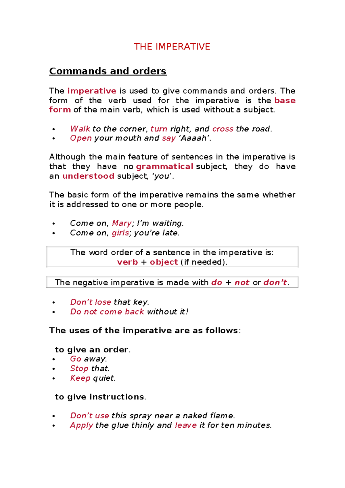 THE Imperative: Commands, Orders, and Instructions - ENG101 Notes - Studocu