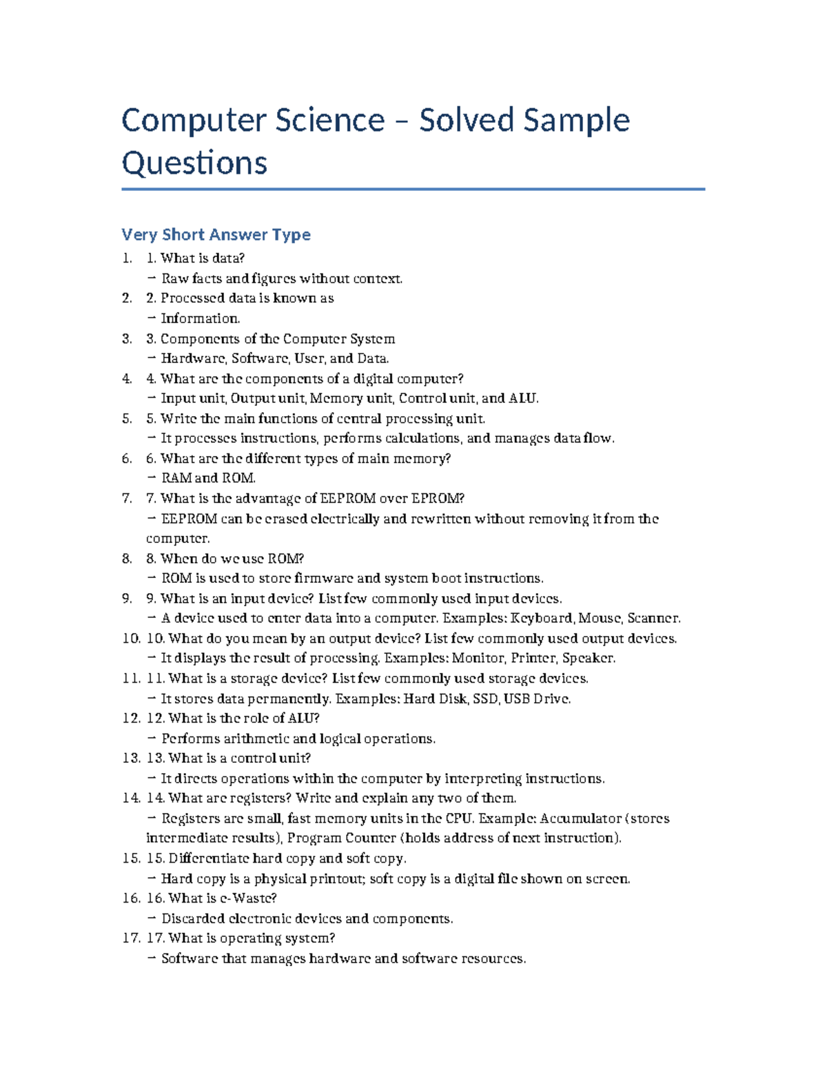 Computer Science CS101 Solved Very Short Questions - Chapter 2 - Studocu