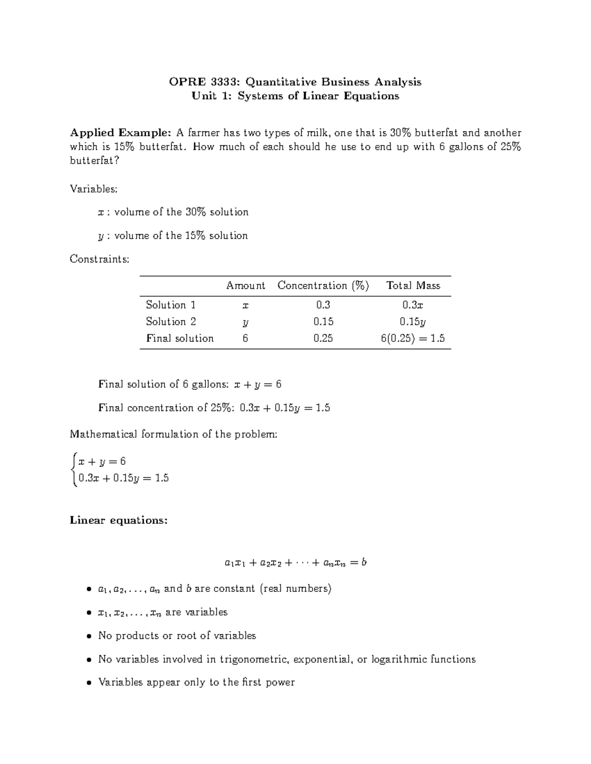 OPRE 3333: Linear Equations and Systems - Unit 1 Study Notes - Studocu