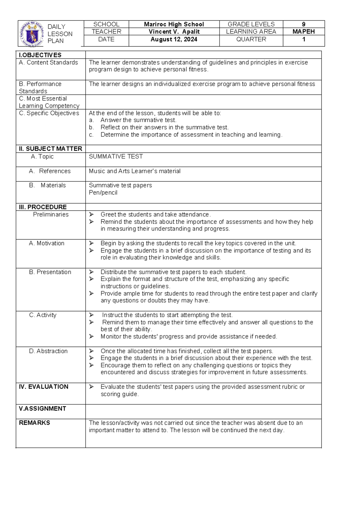 DLL 1 Summative Test Lesson Plan - MAPEH 9 - Studocu