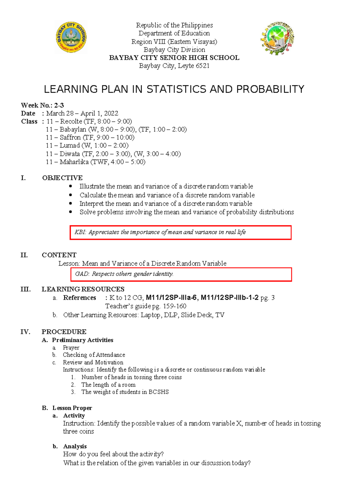 Learning Plan: Statistics & Probability (11) - WK1 Random Variables ...