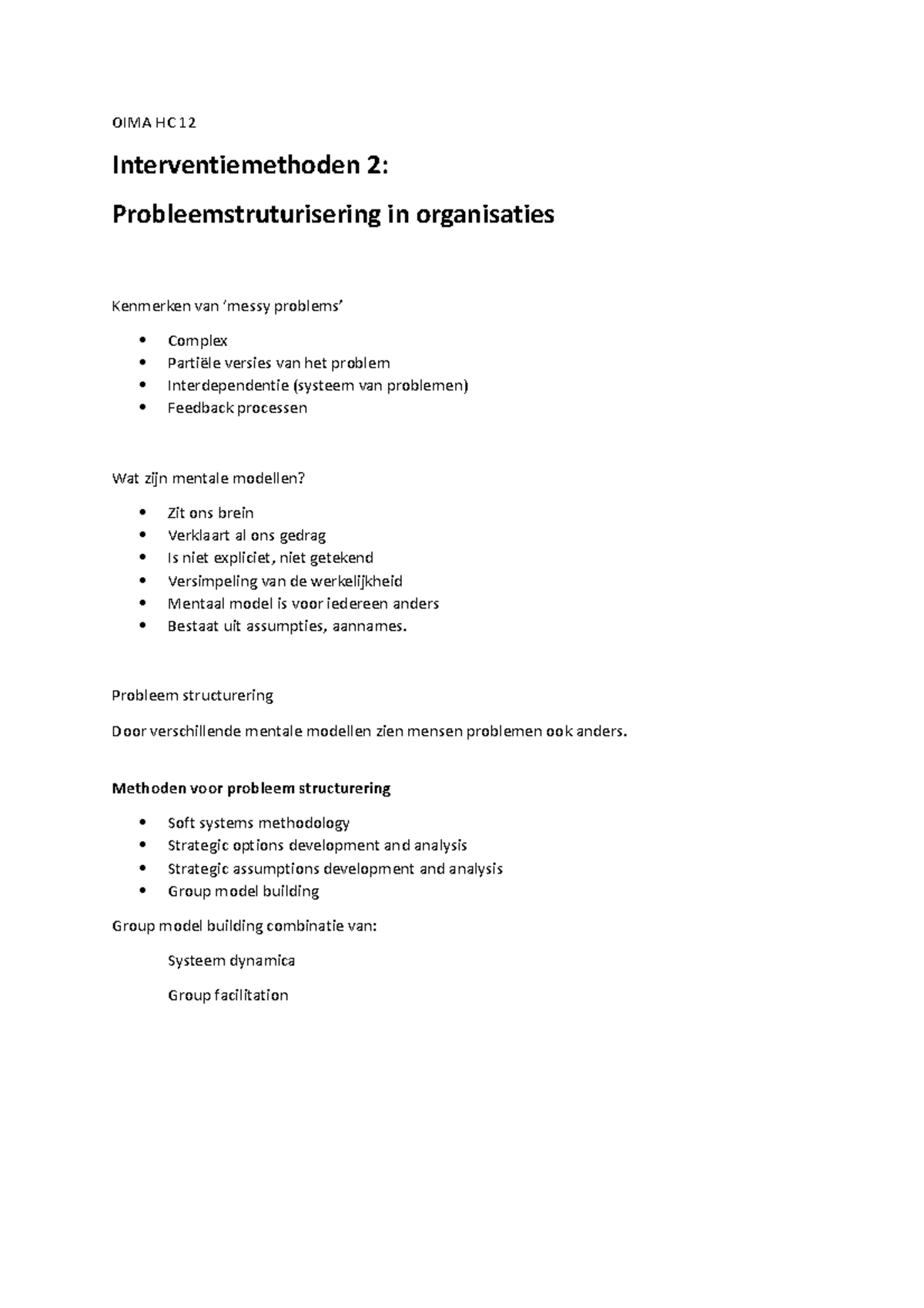 OIMA HC 12 - Samenvatting Interventiemethoden 2: Probleemstructurering ...