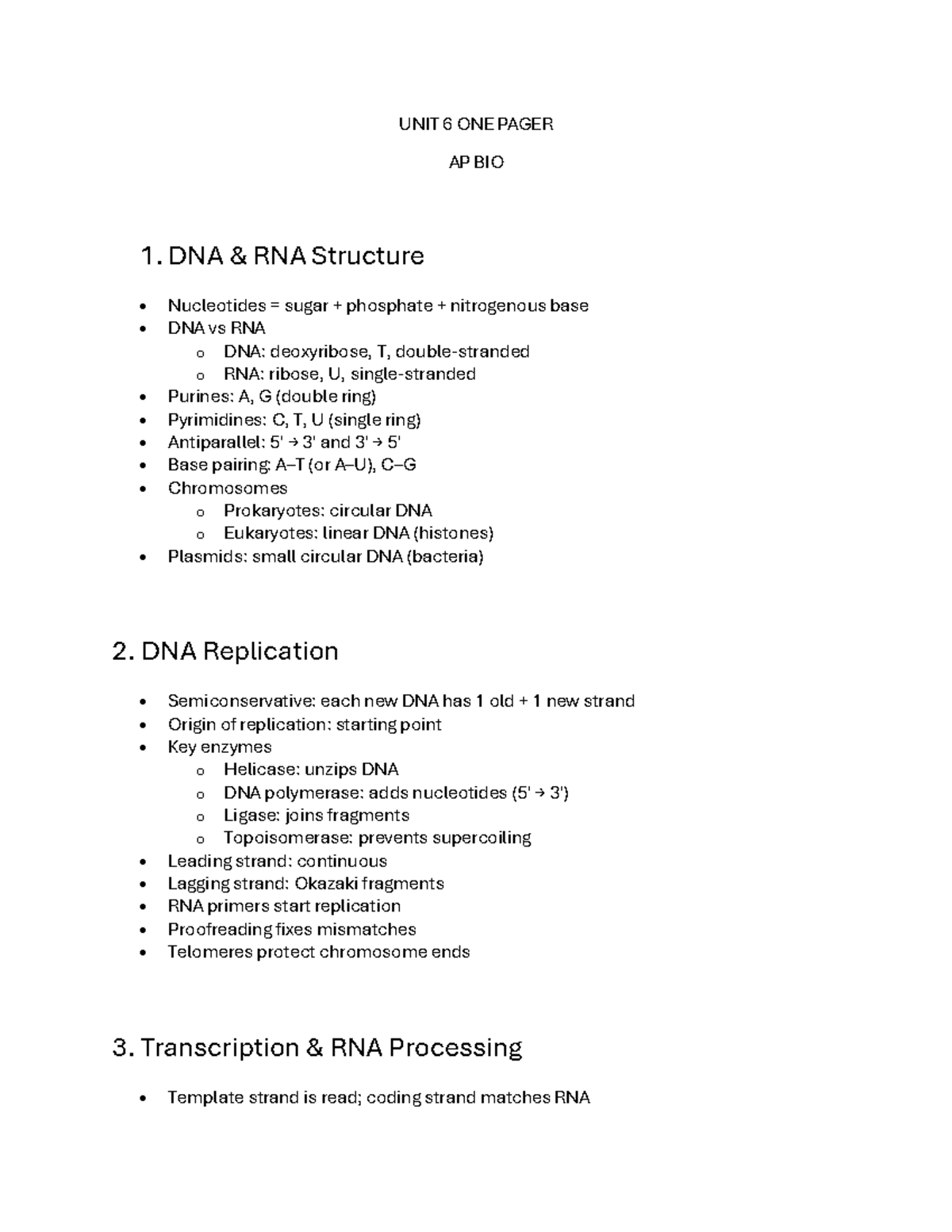 AP BIO 1: Unit 6 One-Pager on DNA, RNA, and Gene Expression - Studocu