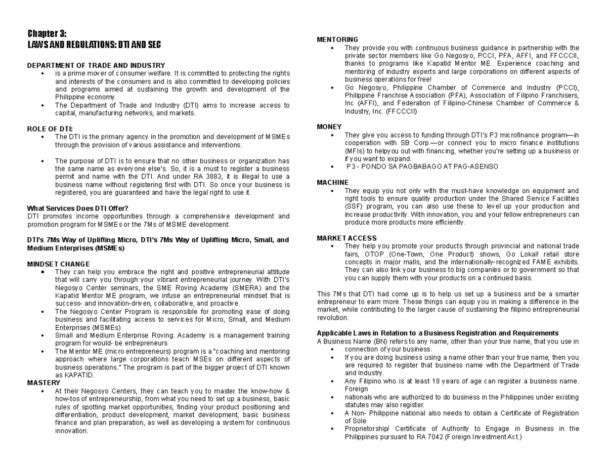 GE Elec 6 - Business Logic Chapter 3: DTI & SEC Laws and Regulations ...