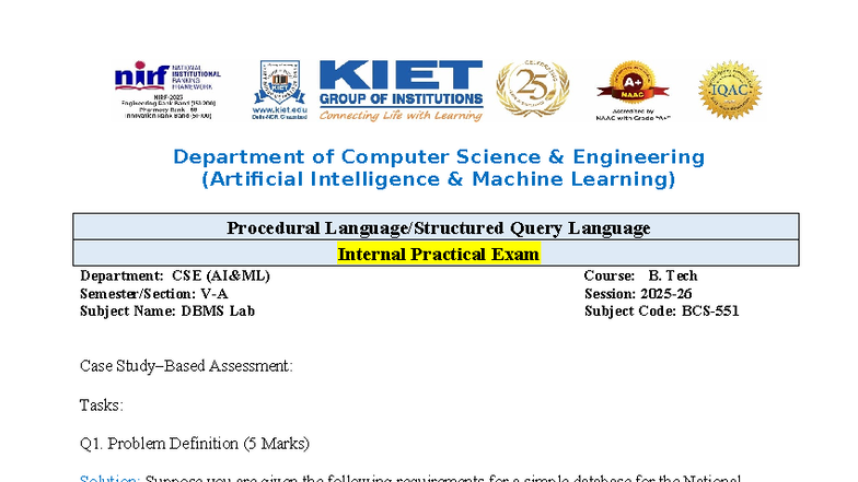 CSE DBMS Lab Internal Practical Exam: ER & SQL Queries - Studocu