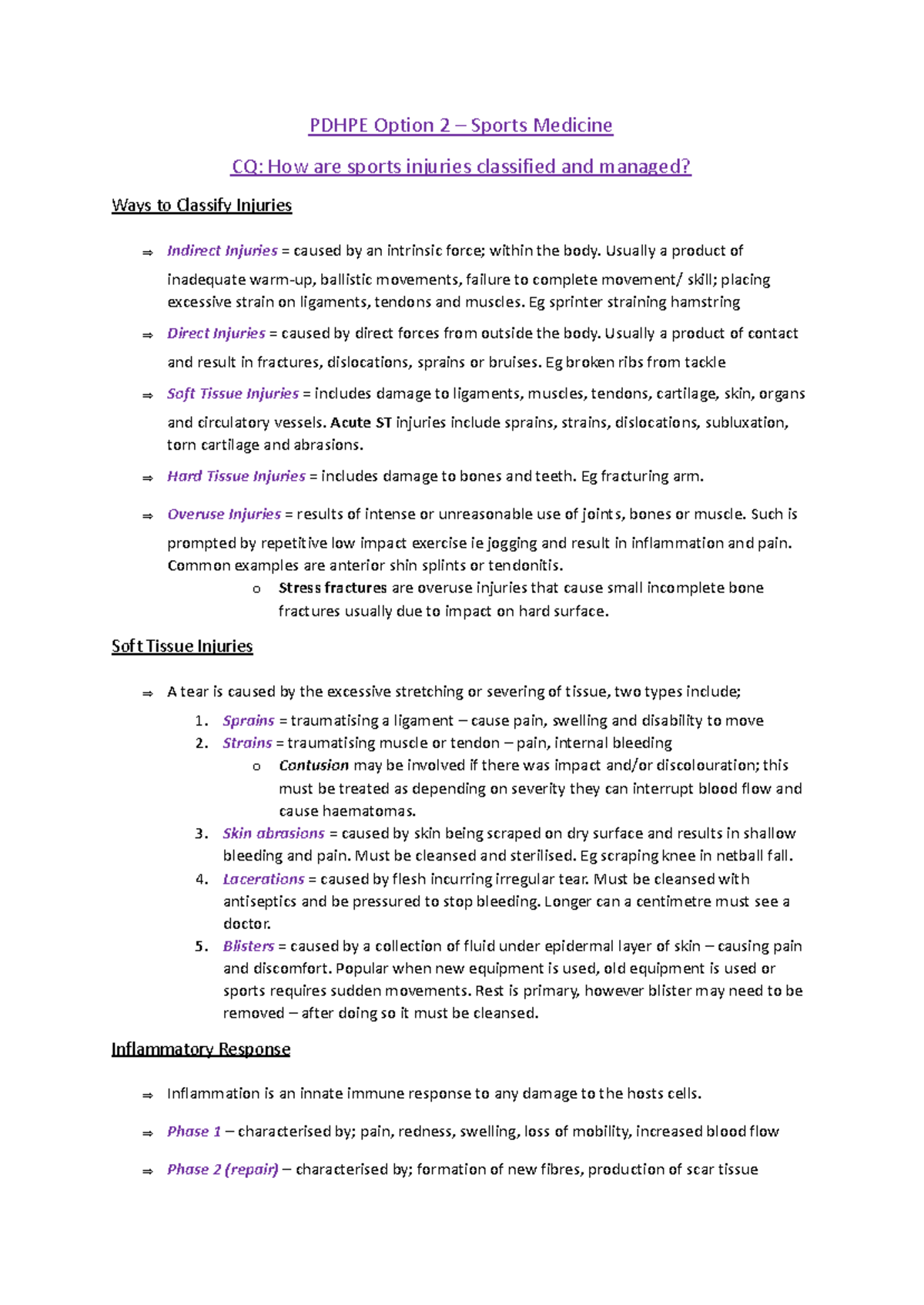 PDHPE Option 2: Sports Medicine Notes on Injury Management and ...