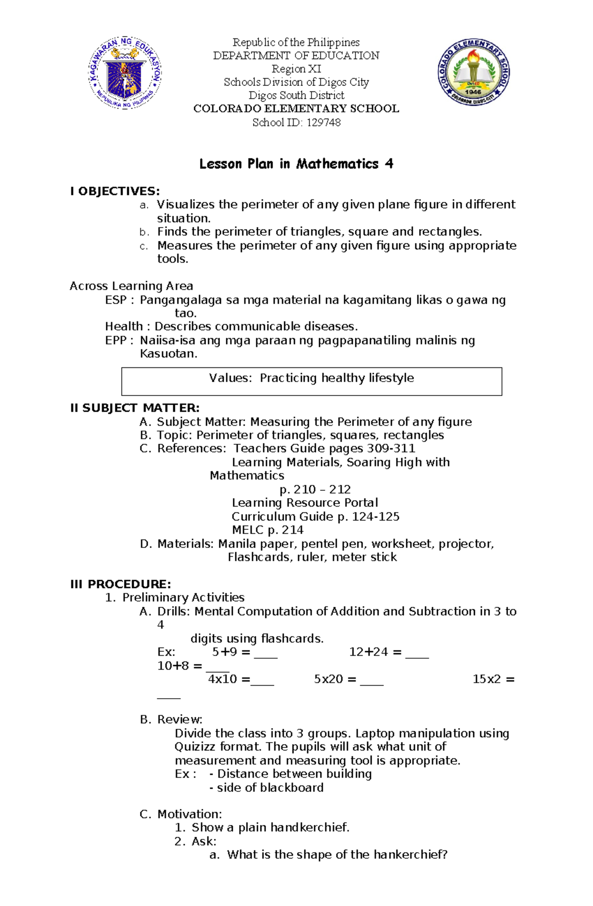 Lesson PLAN- Perimeter - Republic of the Philippines DEPARTMENT OF ...