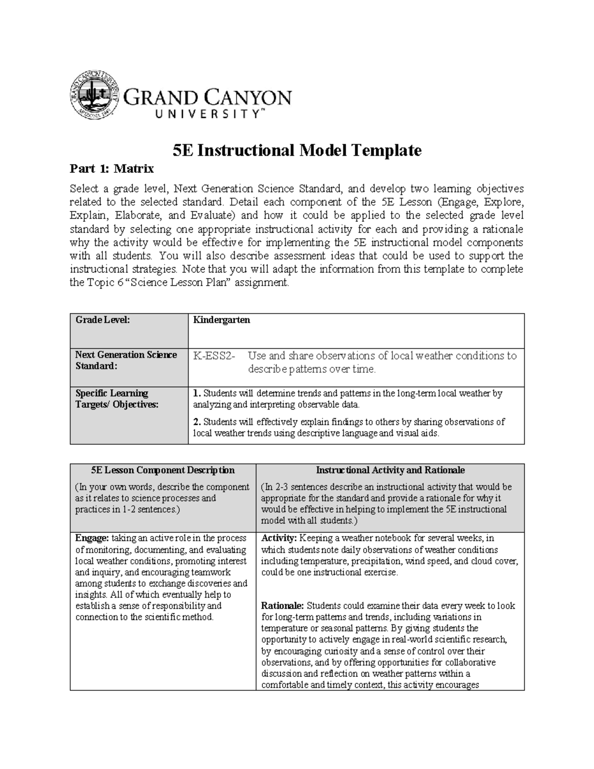 5E Instructional Model for K-ESS2 Weather Patterns: Part 1 Template ...