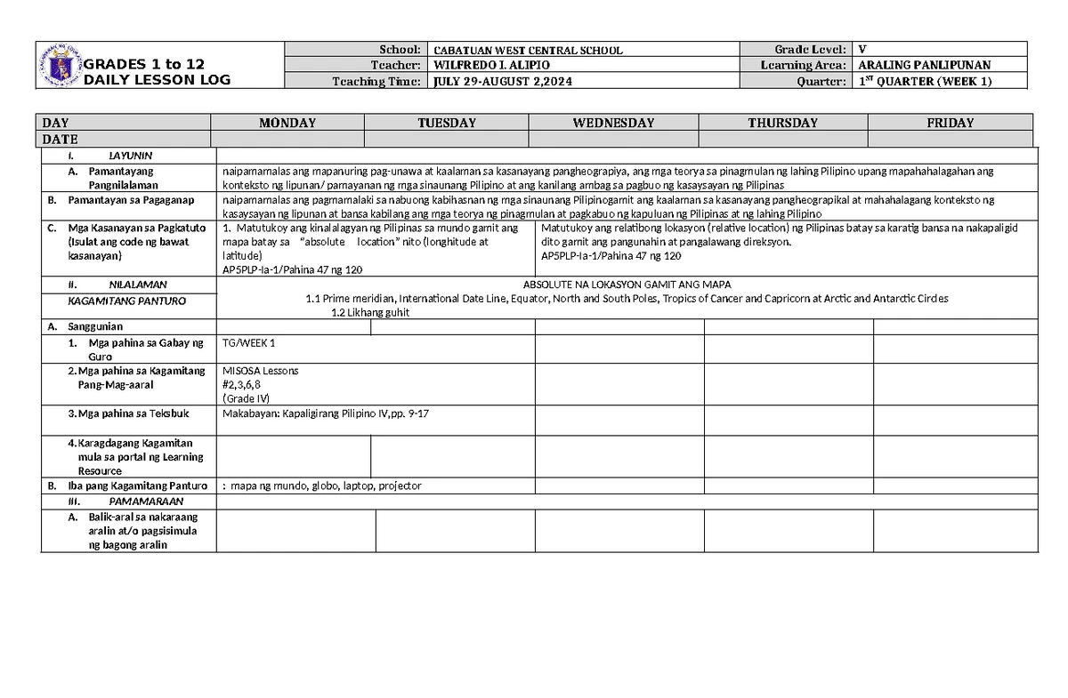 Science Daily Lesson Log for Grade 5 - Quarter 1, Week 1 - Studocu