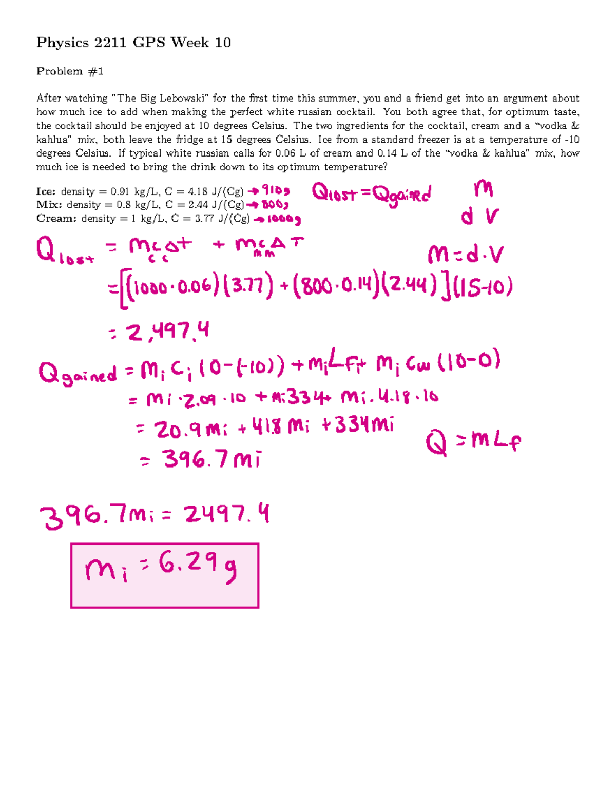 Physics 2211 GPS Week 10 - White Russian Cocktail Ice Calculation - Studocu