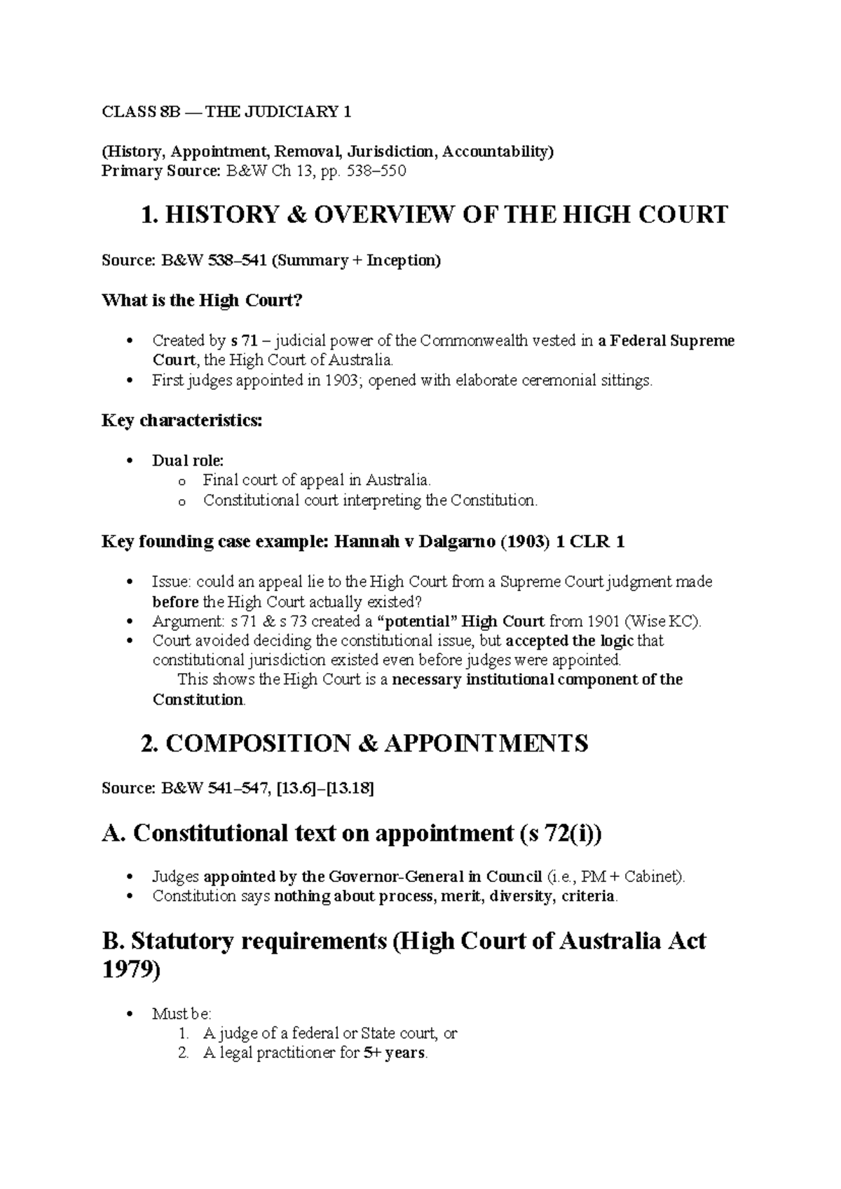 CLASS 8B LECTURE NOTES ON THE JUDICIARY: History, Appointments, and ...